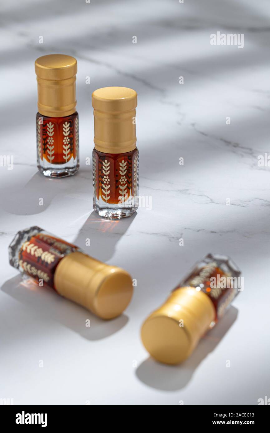 Traditional Oud Oil Bottles – Dhn Al Oud on White Marble with Hard ...