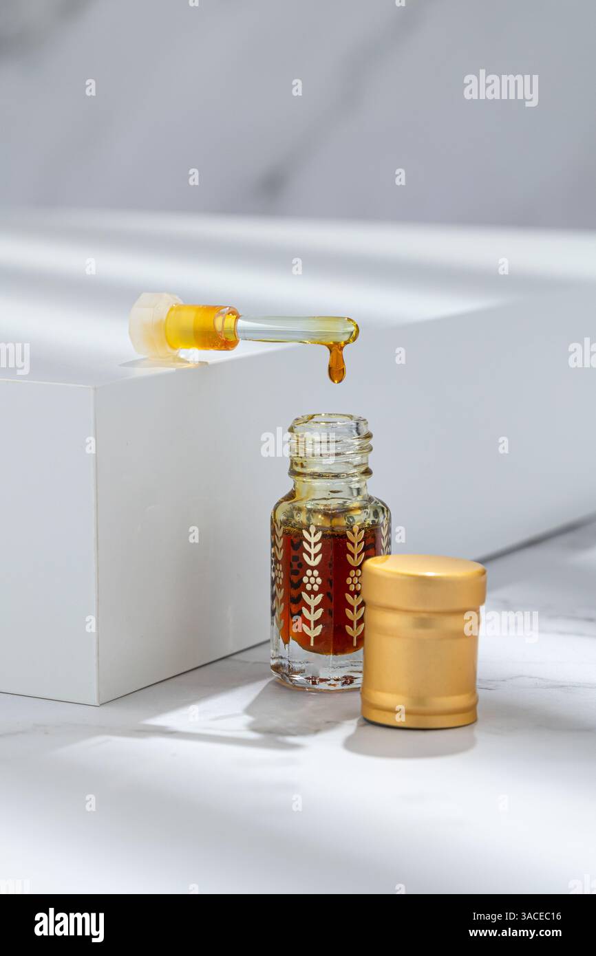 Traditional Oud Oil Bottles – Dhn Al Oud on White Marble with Hard ...
