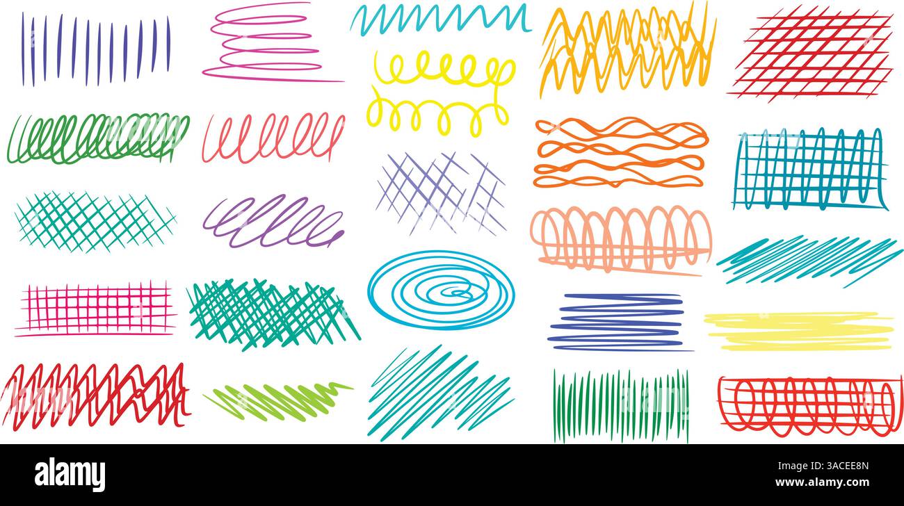 Colored chalk hatching big set. Different lines bright colors pencils ...