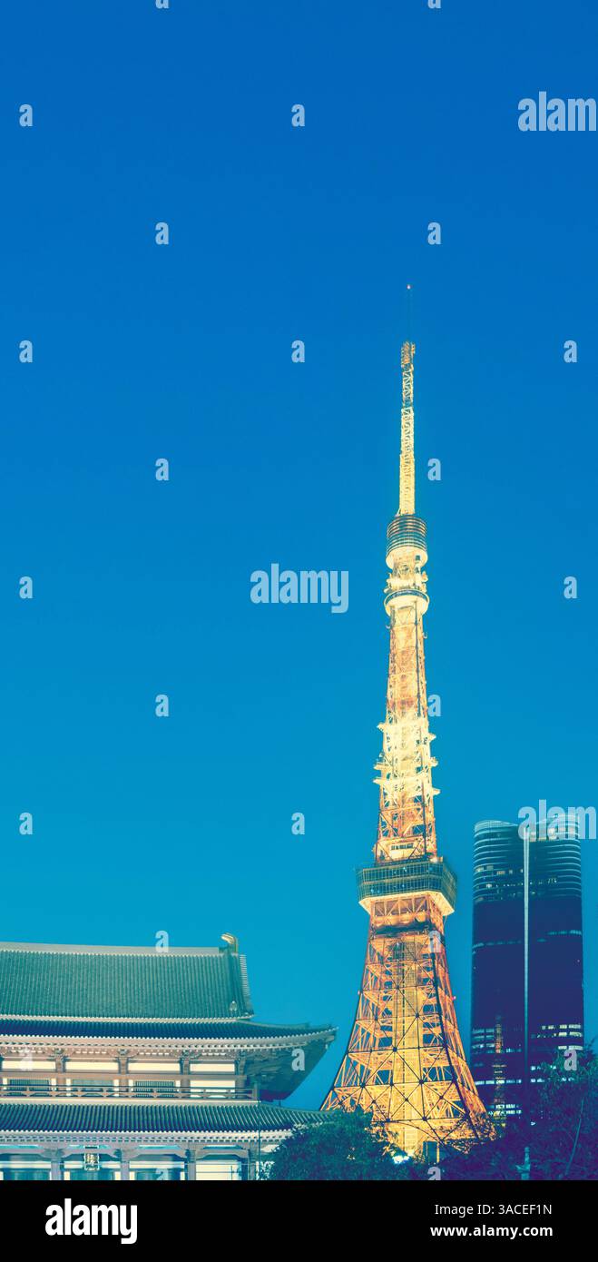 Retro-inspired night view of Tokyo Tower with a film-style color ...