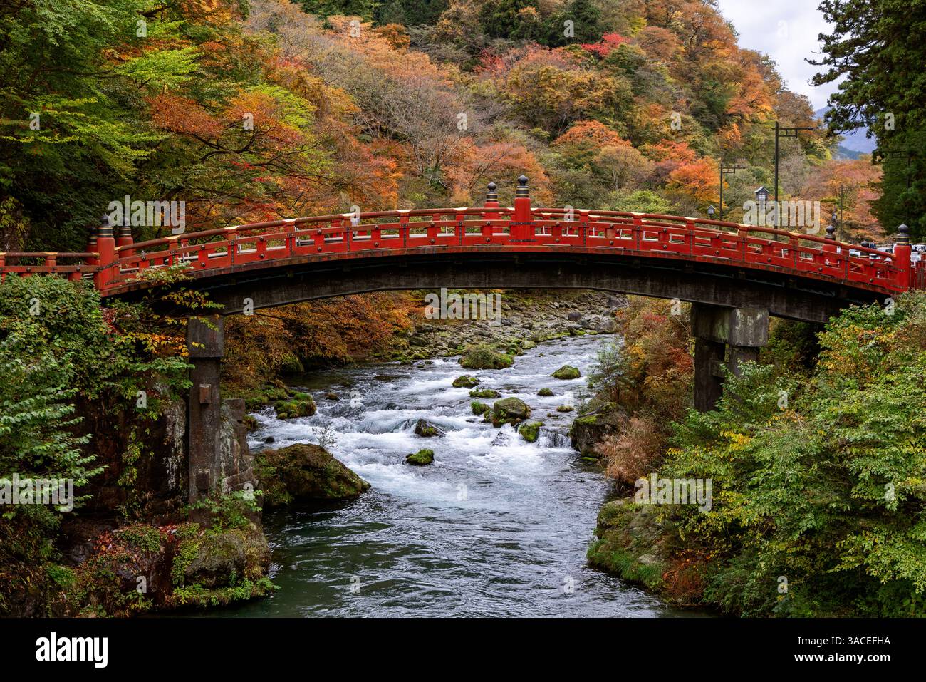 Shinkyo Bridge in Nikko Japan arching over the Daiya River with vibrant ...