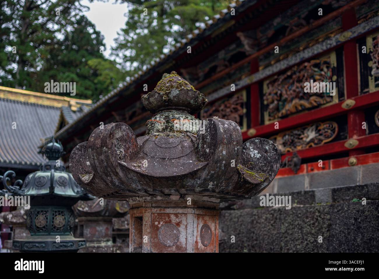 Ancient stone lantern covered in moss and lichen at Toshogu Shrine in ...