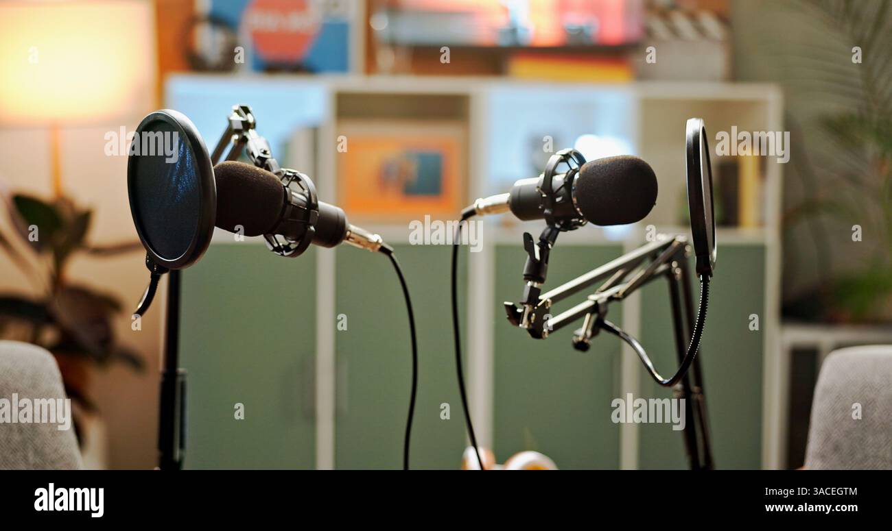 Microphone, talk show and recording for podcast in studio, broadcast ...