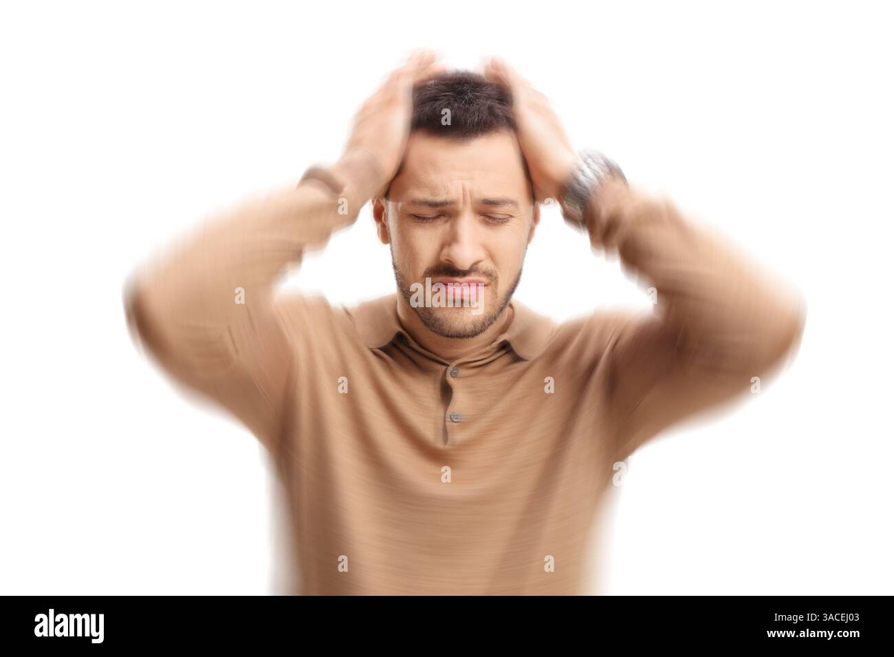 Young guy with headache and vertigo feeling dizzy isolated on white ...