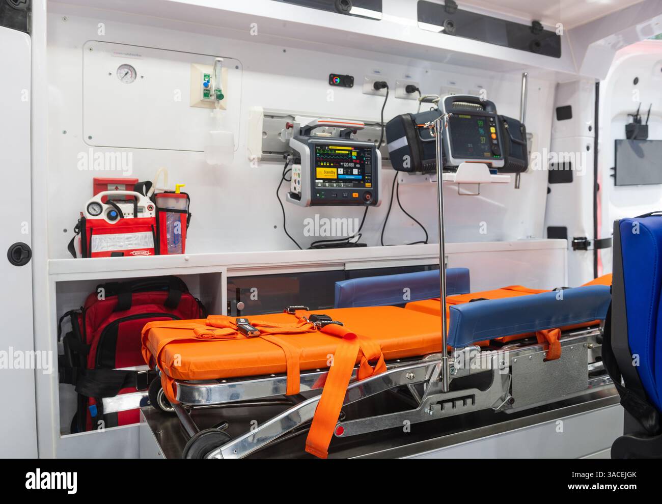 Side view of ambulance interior with medical equipment Stock Photo - Alamy