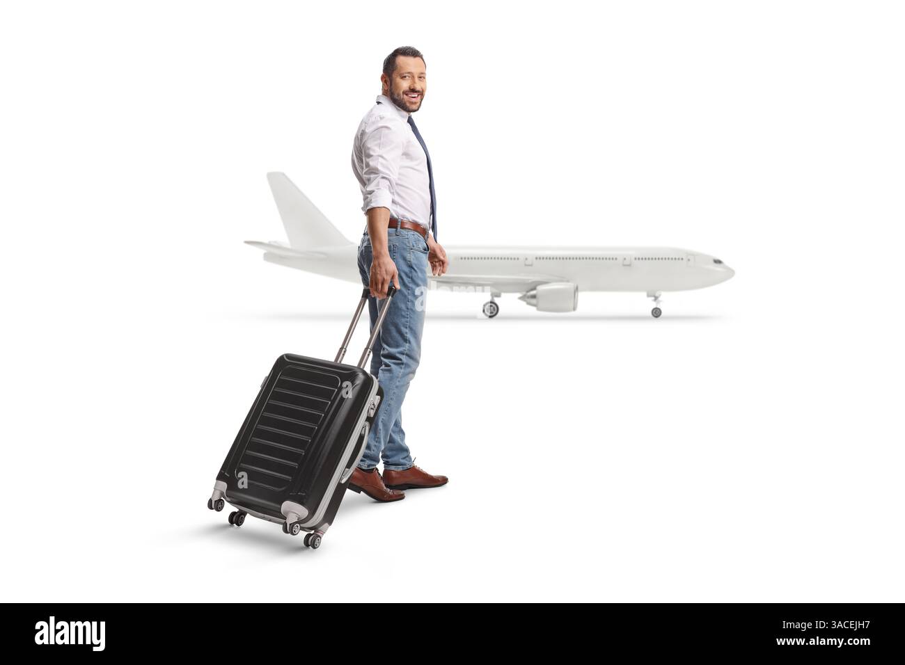 Man pulling a suitcase towards an airplane isolated on white background ...