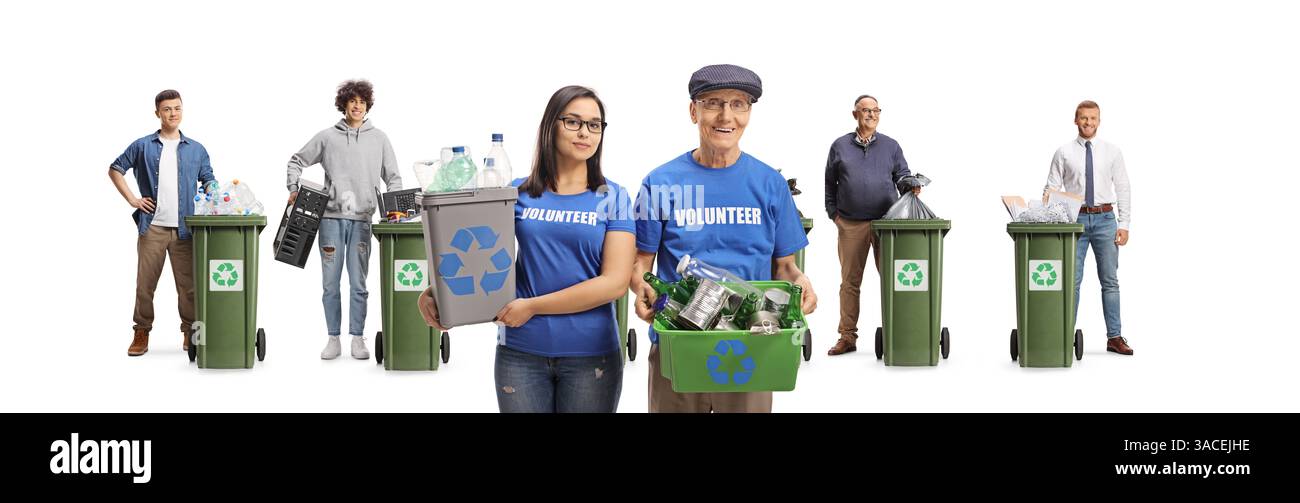 Group of men recycling waste with volunteers isolated on white ...