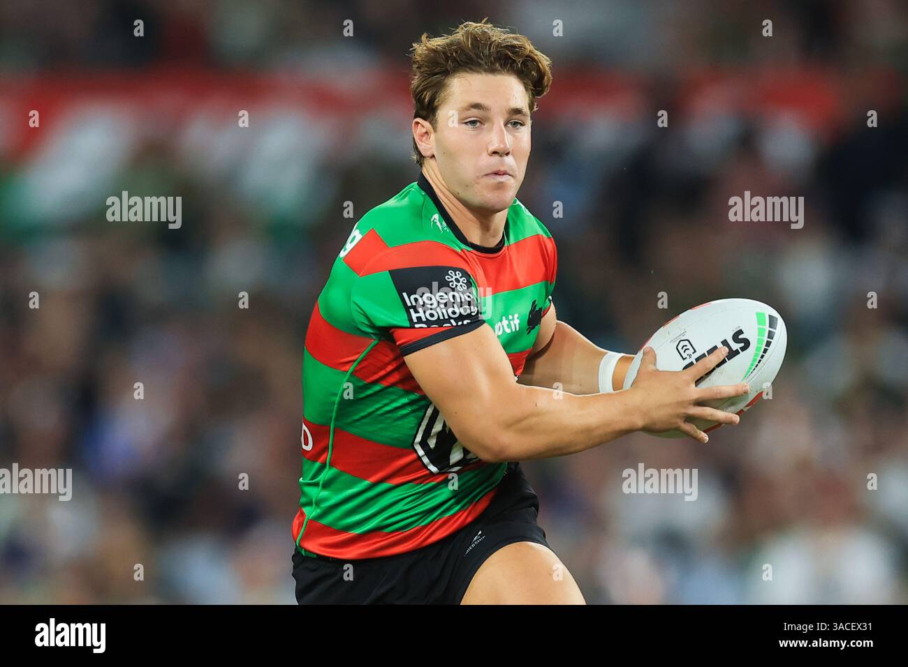 Jamie Humphreys of the Rabbitohs runs with the ball during the NRL ...