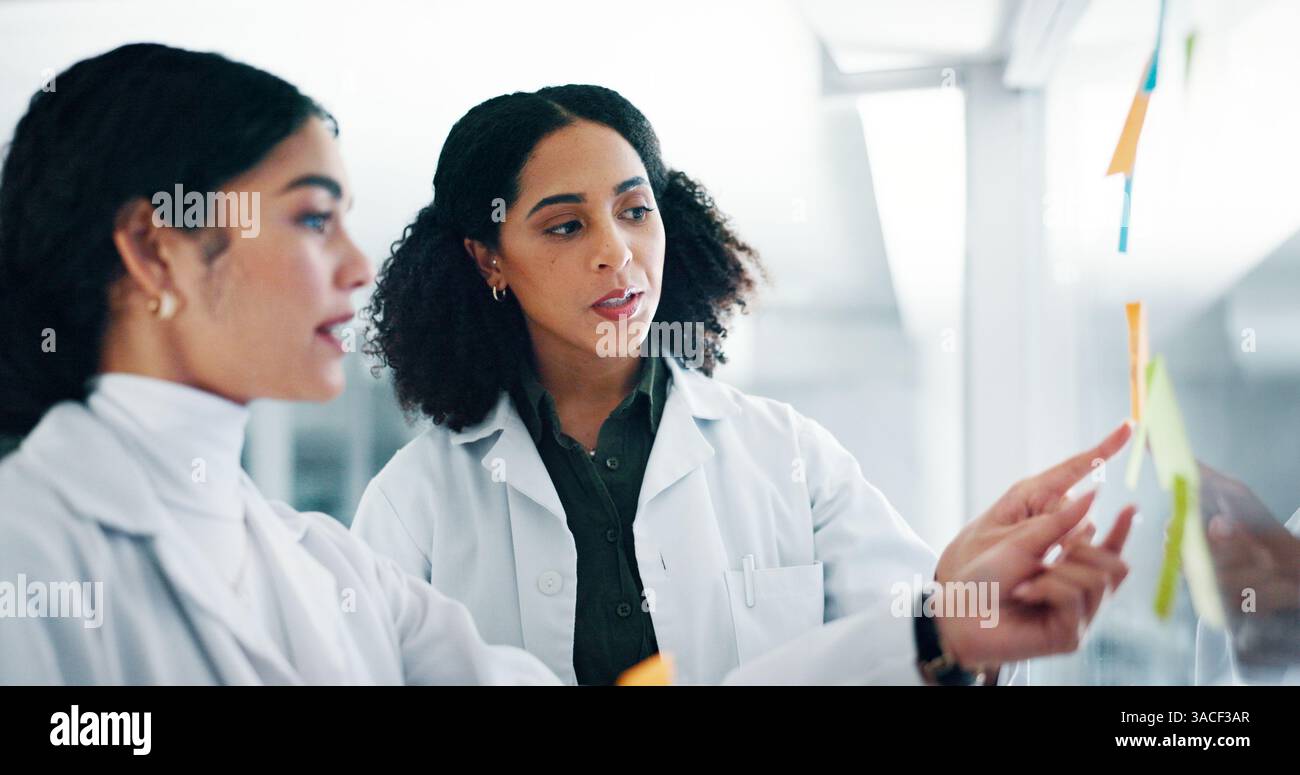 Lab, scientist and women with medical research, talking and colleagues ...