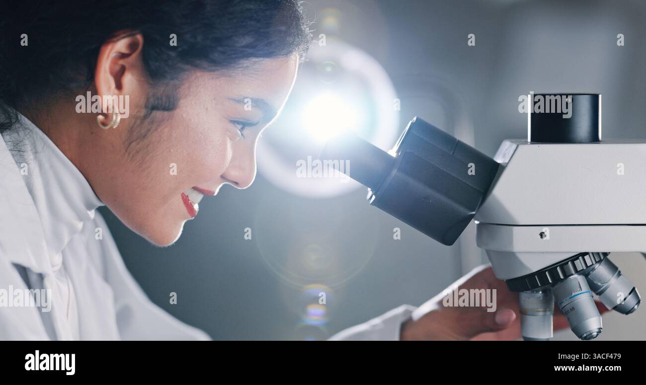 Smile, research and woman in lab, microscope and healthcare with ...