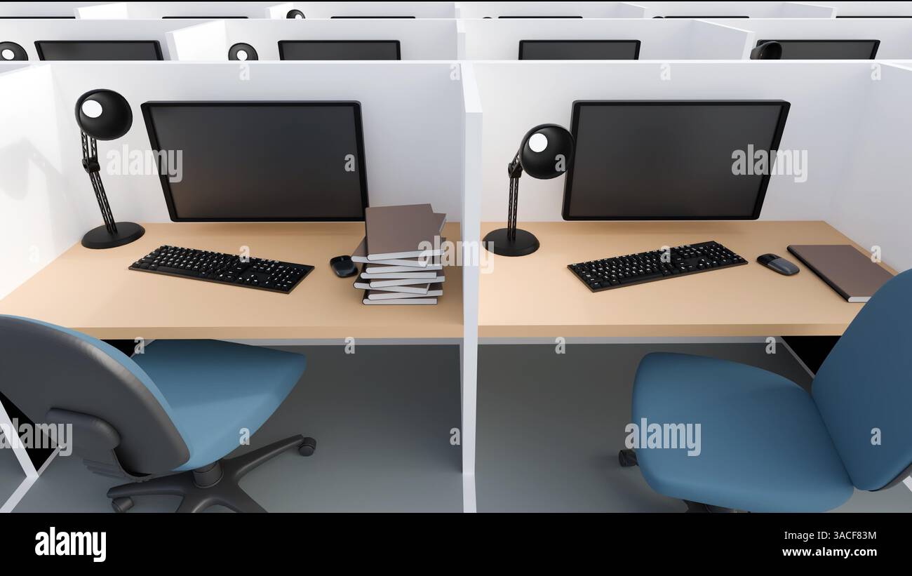 A 3d rendering of repetitive pattern of office cubicles, arranged in a grid-like formation ...