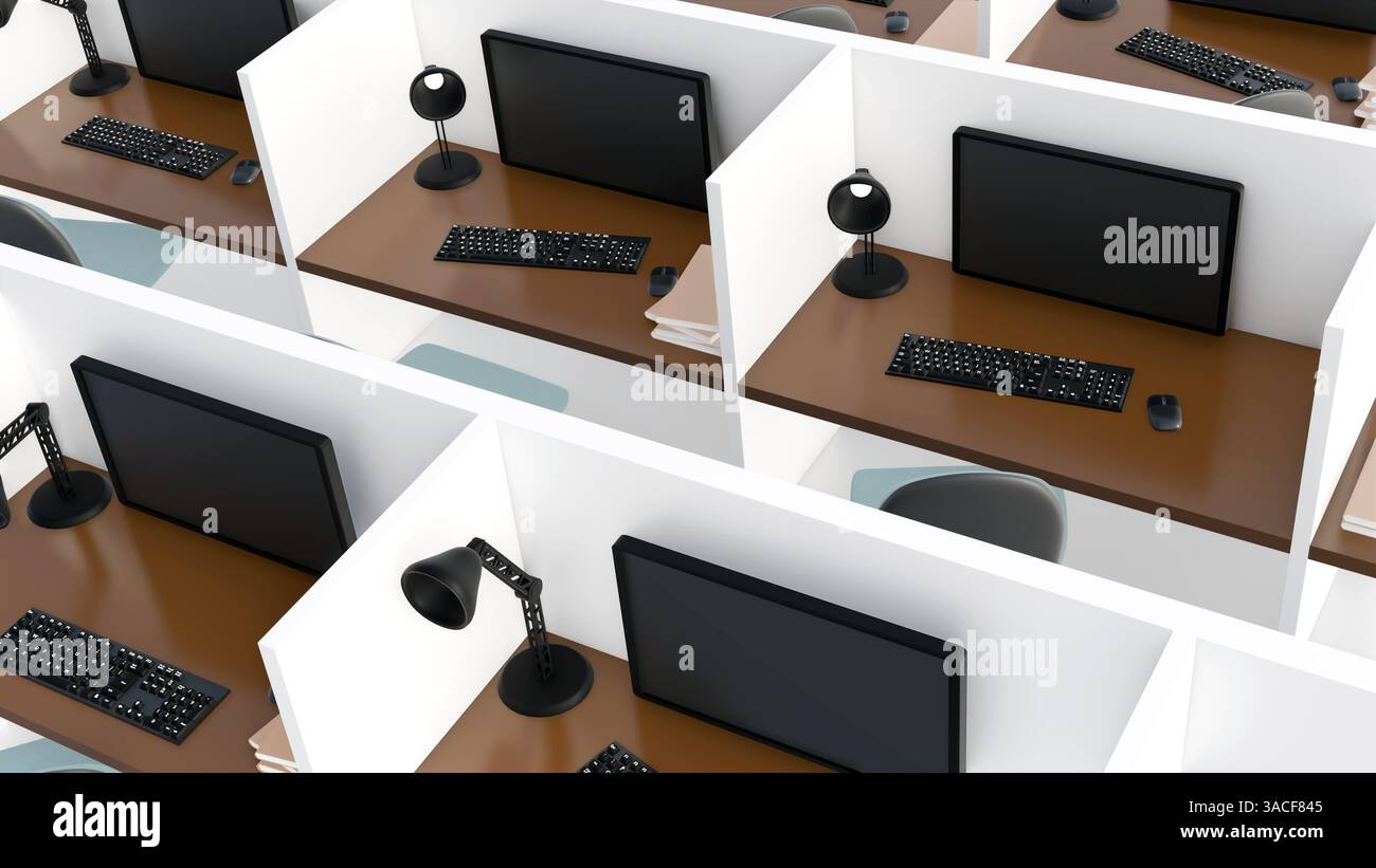 A 3d rendering of repetitive pattern of office cubicles, arranged in a grid-like formation ...