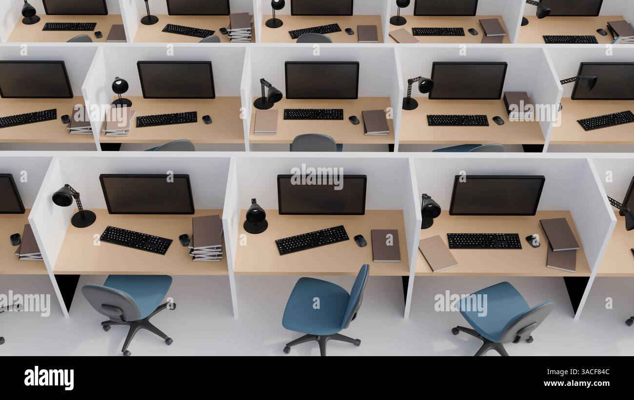 A 3d rendering of repetitive pattern of office cubicles, arranged in a grid-like formation ...