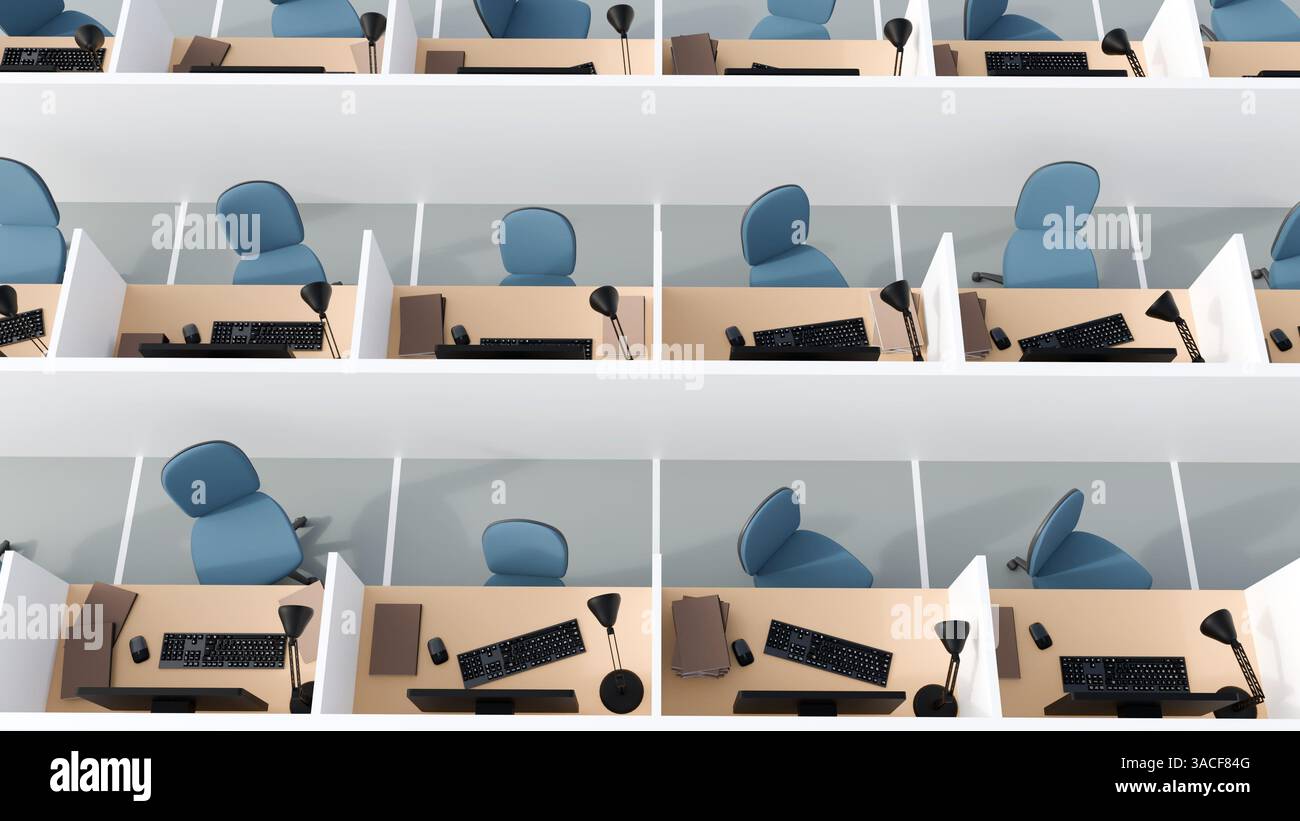A 3d rendering of repetitive pattern of office cubicles, arranged in a grid-like formation ...