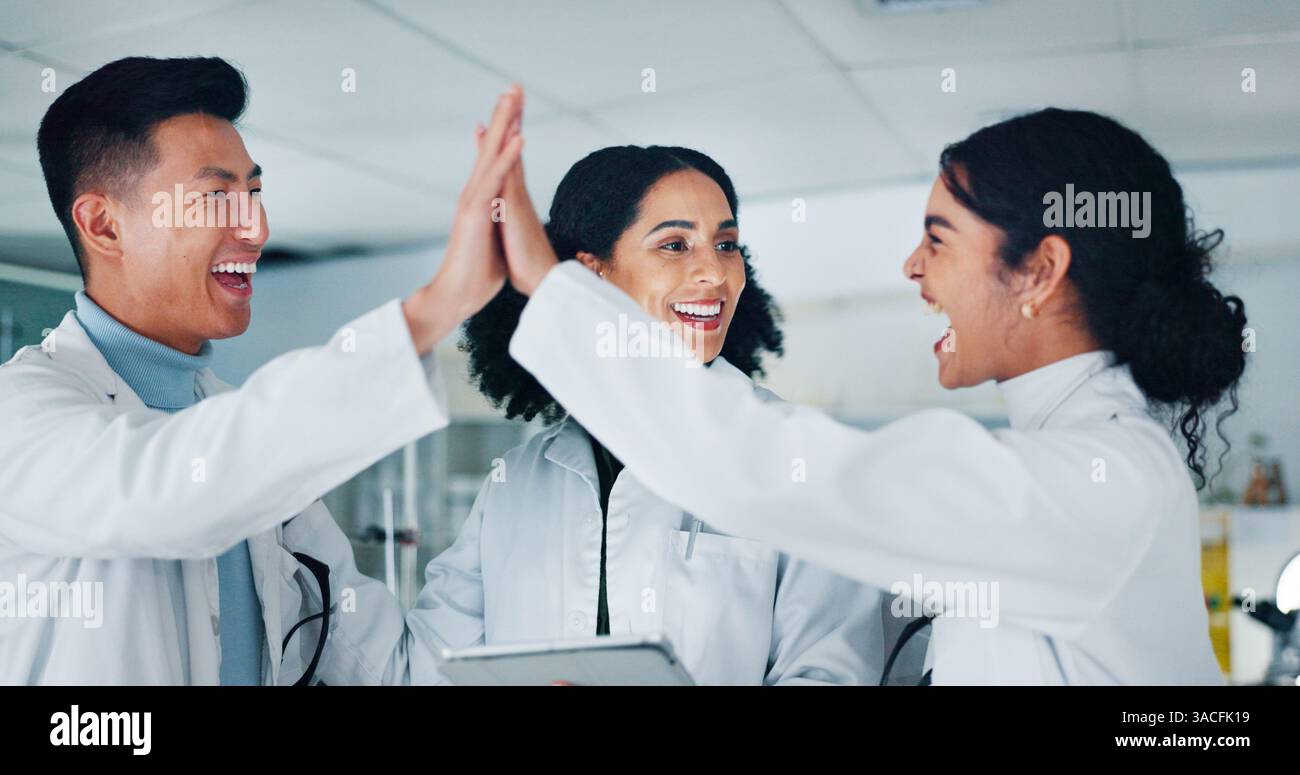 Healthcare, people and tablet with high five to celebrate, medical research and motivation at ...