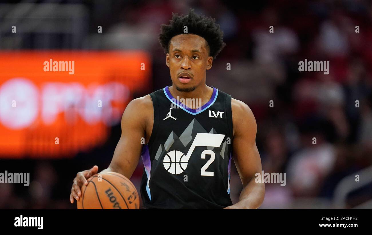 Utah Jazz guard Collin Sexton (2) dribbles against the Houston Rockets ...