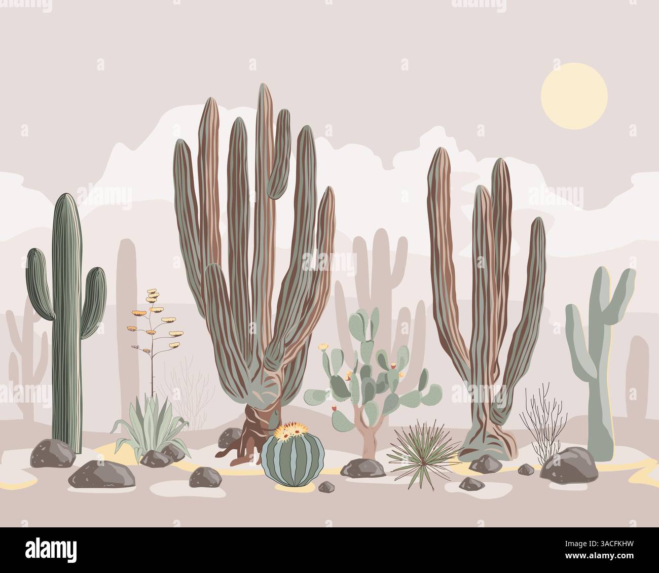 Desert seamless pattern with saguaro and giant cardon cacti, and ...