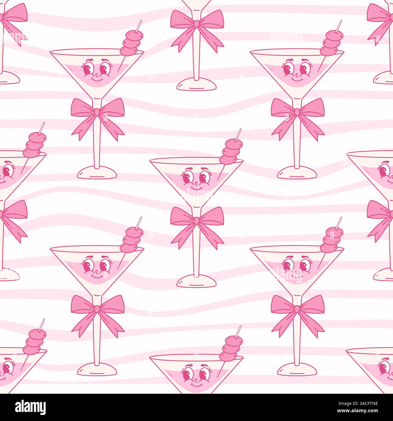 Seamless Pattern Groovy Pink Glass Cocktail Character with Coquette Bow ...