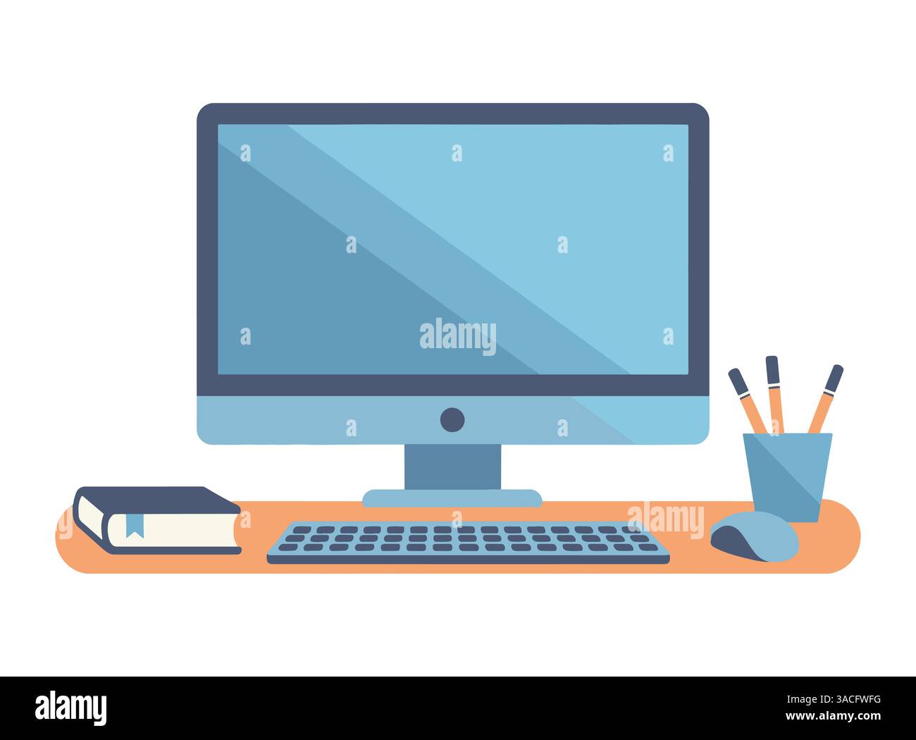 Computer monitor with blank screen, flower pot, and pencil box. Flat ...