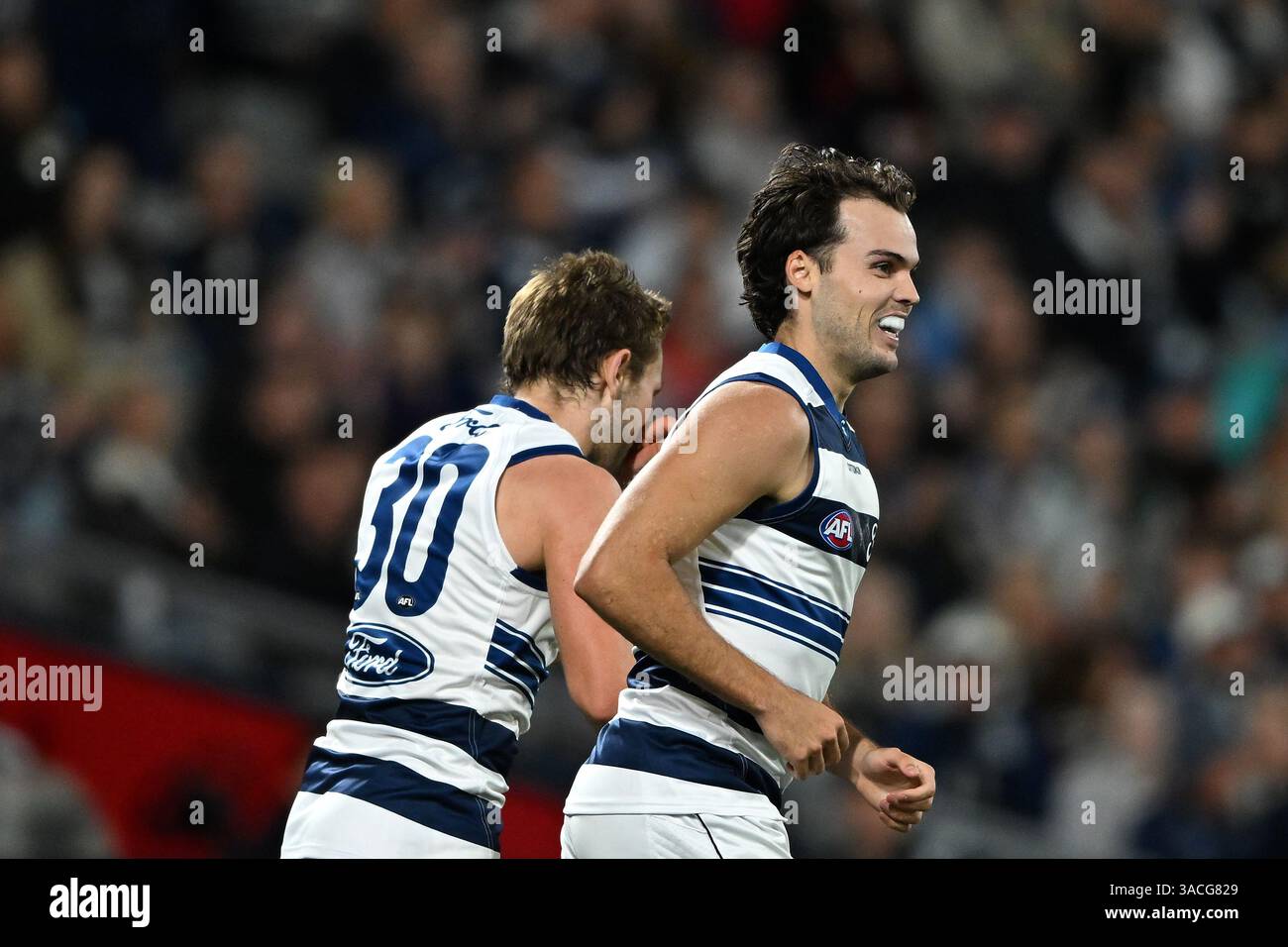 Geelong, Australia. 04th Apr, 2025. Jack Bowes of Geelong (right ...