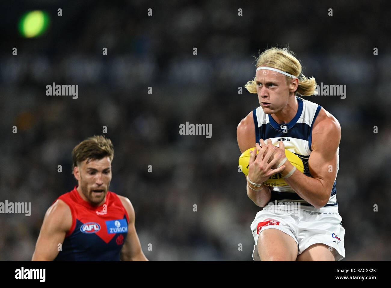 Oliver Dempsey of Geelong marks the footy during the AFL Round 4 match ...