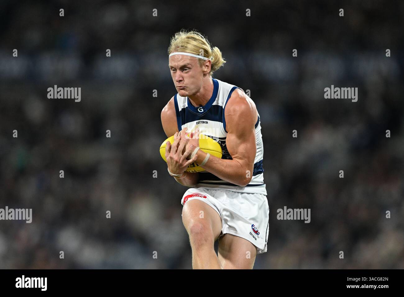 Oliver Dempsey of Geelong marks the footy during the AFL Round 4 match ...
