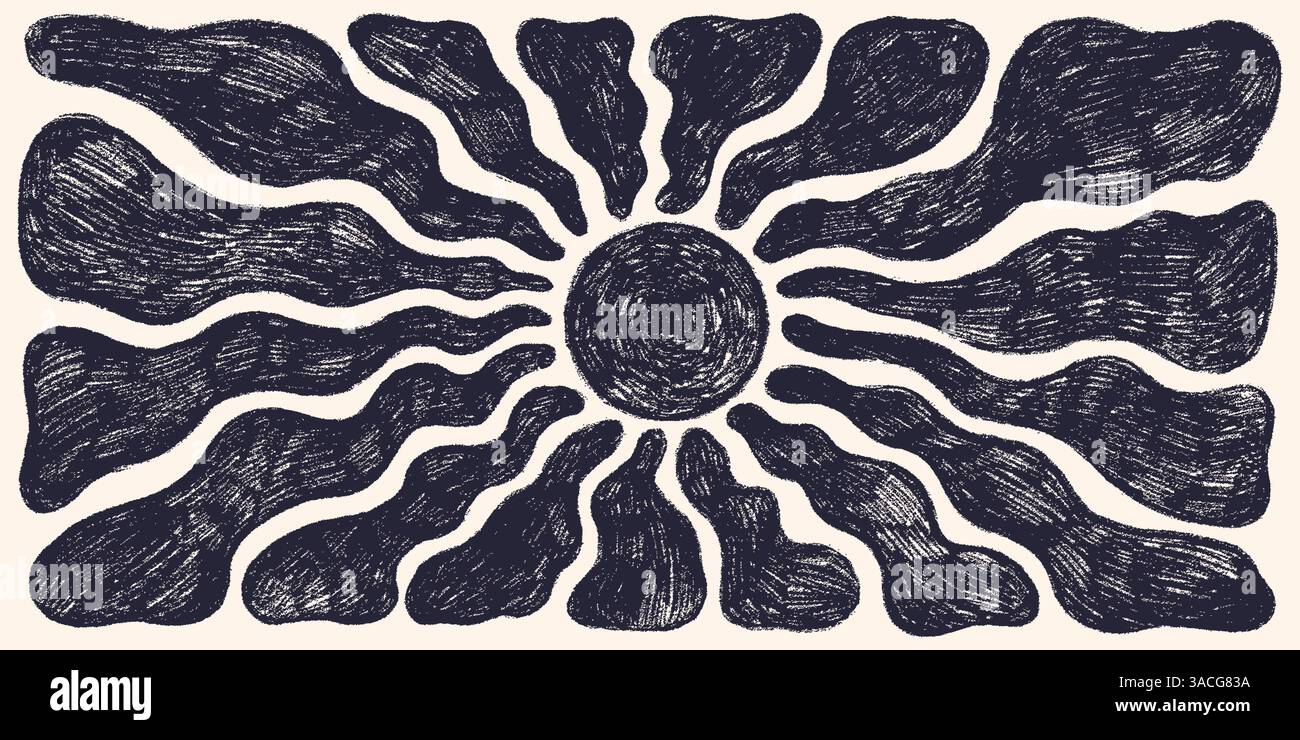 Groovy sun with wavy rays and crayon style texture, Abstract retro ...