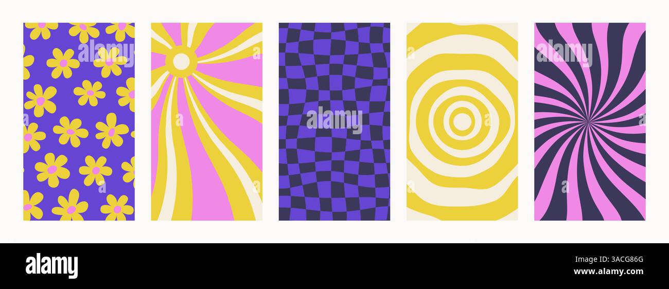 Abstract Groovy backgrounds. Set of psychedelic retro patterns. Trendy twisted and checkered ...