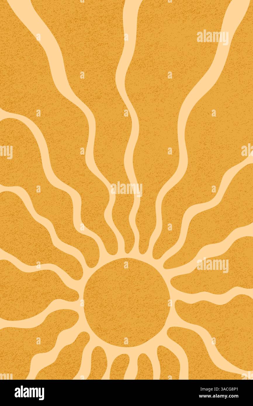 Abstract retro summer sun poster. Groovy sun with wavy rays and vintage ...