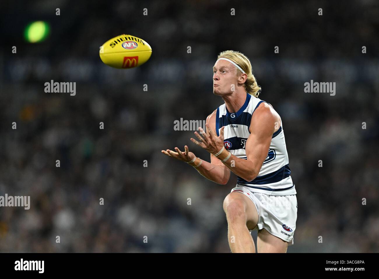 Oliver Dempsey of Geelong marks the footy during the AFL Round 4 match ...