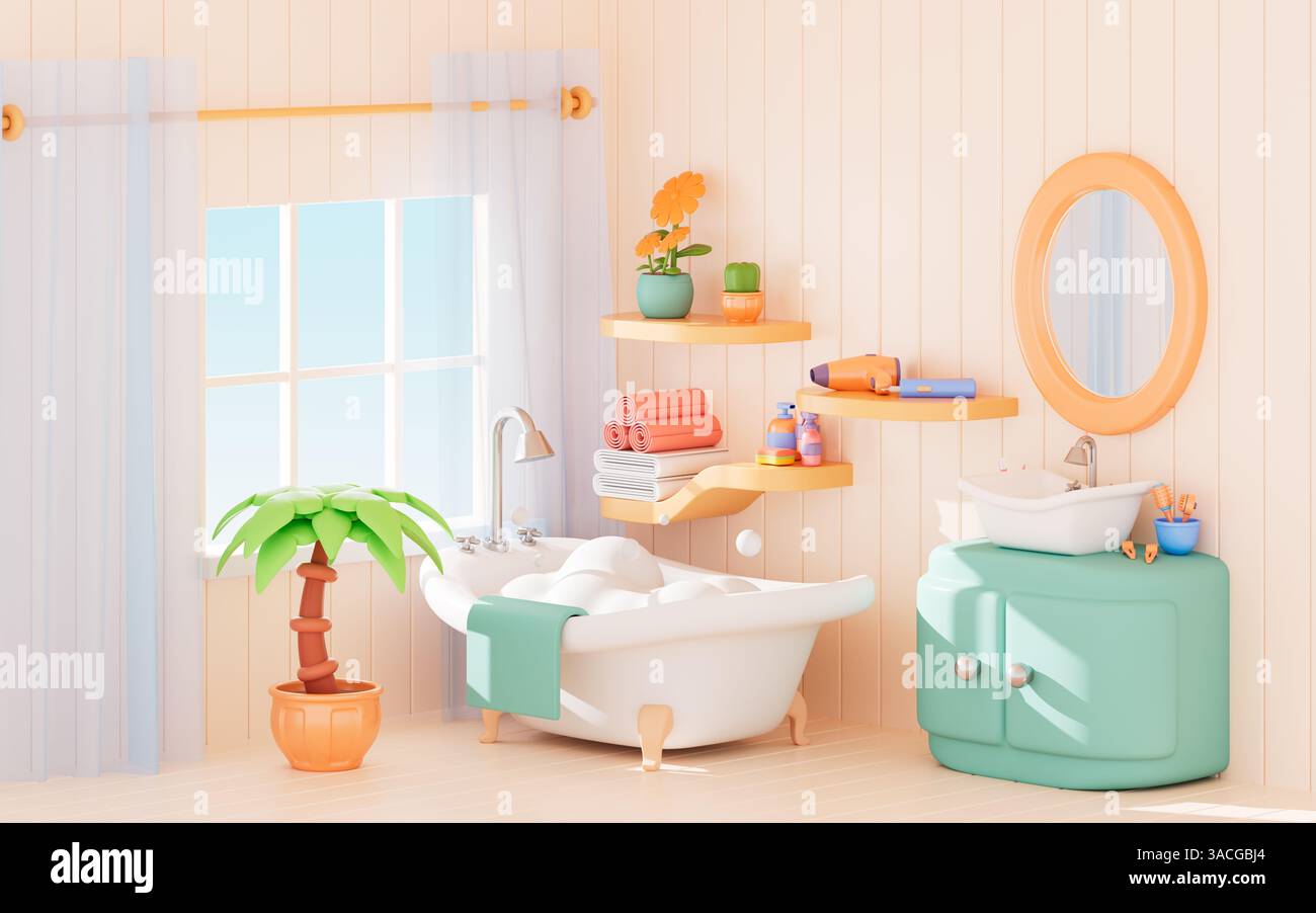 Cartoon bathroom model with bathtub, 3d rendering. 3d illustration ...