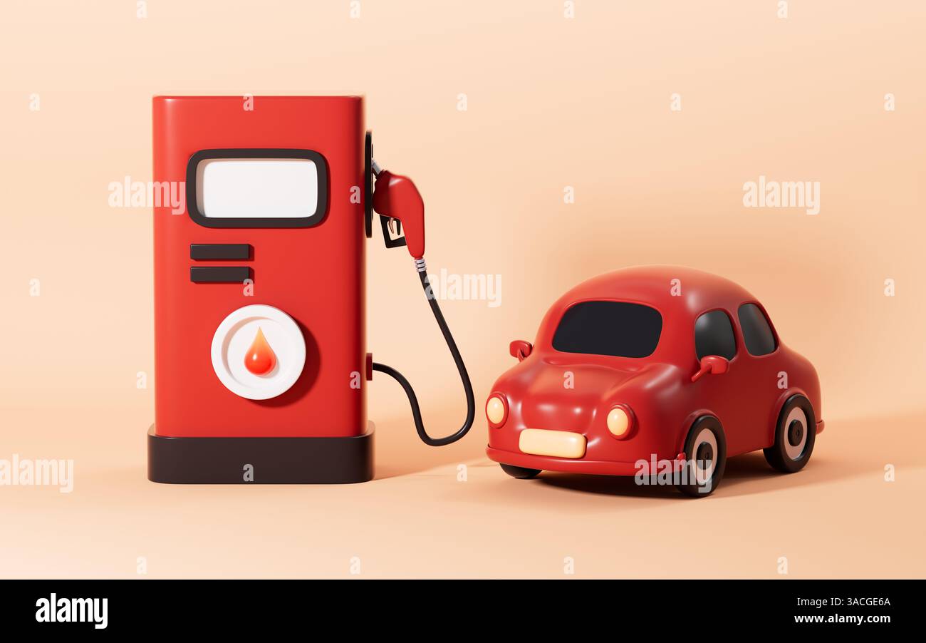 Cartoon petrol filling station and car fuel up, 3d rendering. 3d ...