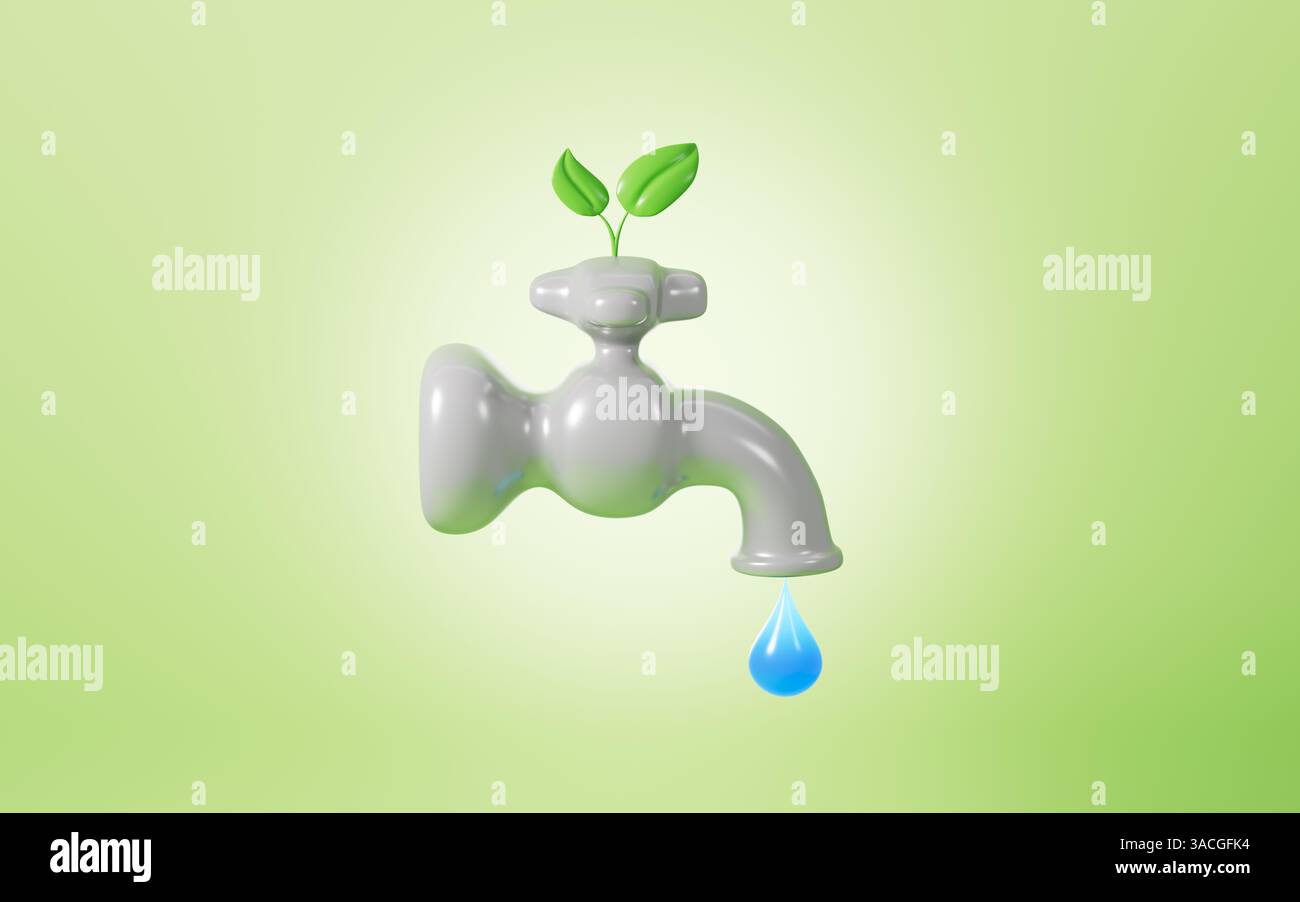 Cartoon faucets and water drops, water conservation concept, 3d ...
