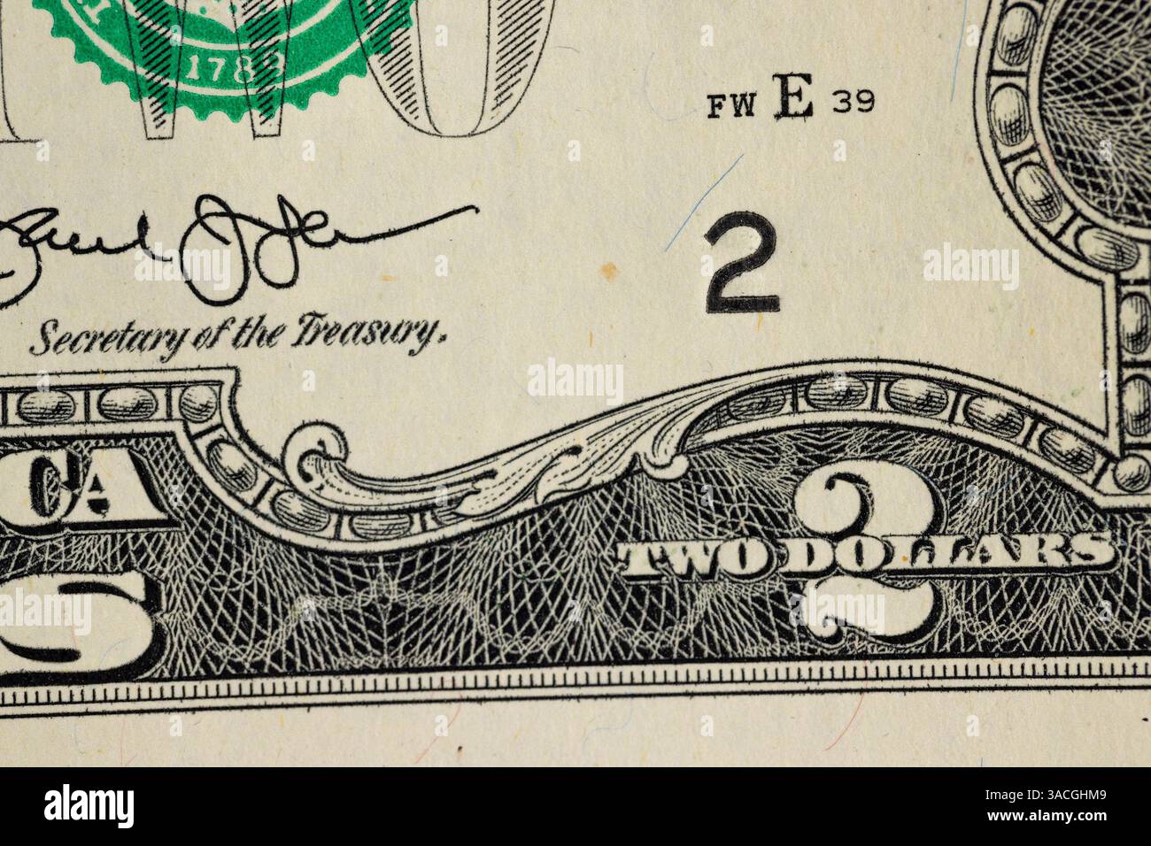 two American dollar bill, two United States dollar paper banknote parts ...