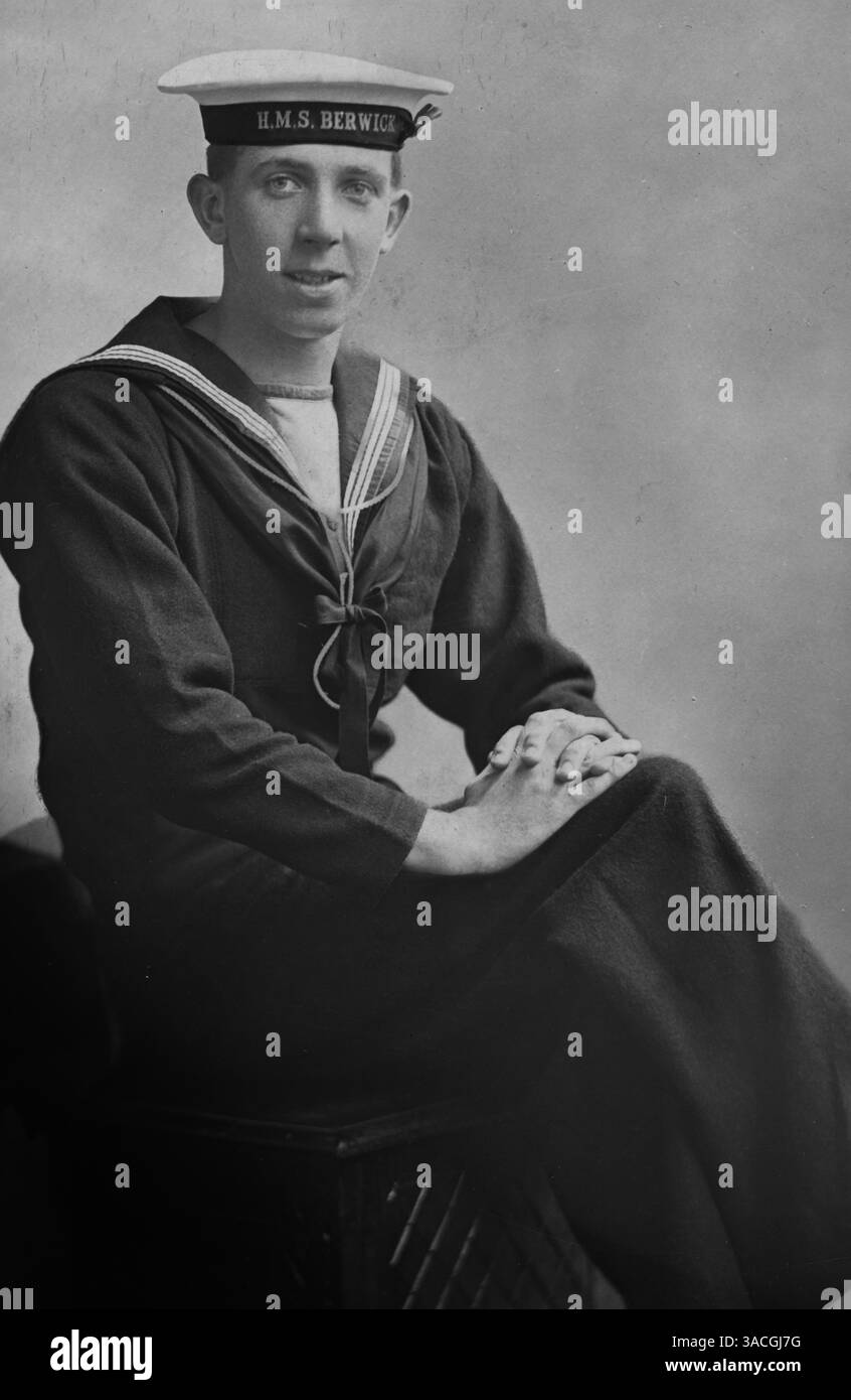 Royal Navy sailor HMS Berwick wearing square rig early 20th century ...