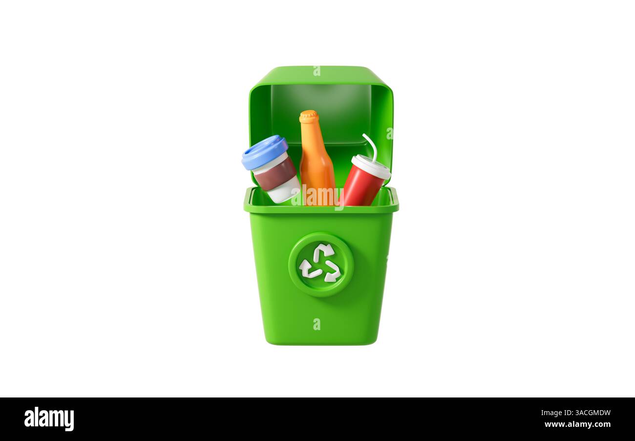 Cartoon trash can with a recyclable logo, garbage sorting ...