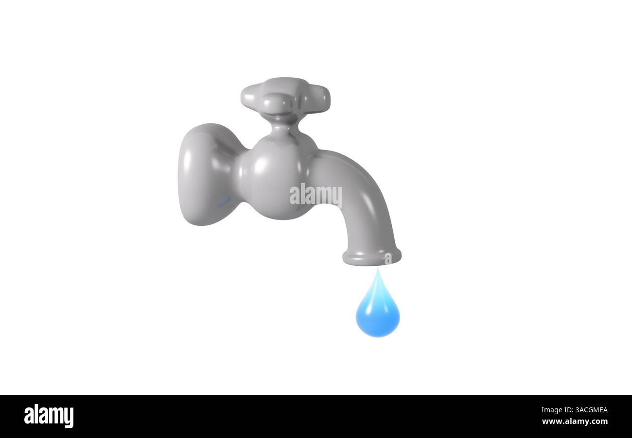 Cartoon faucets and water drops, water conservation concept, 3d ...