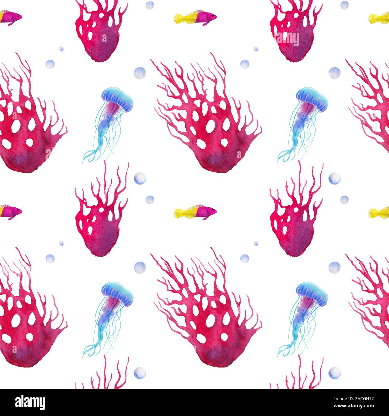Seamless pattern with jellyfish, fish, seaweed, watercolor illustration ...