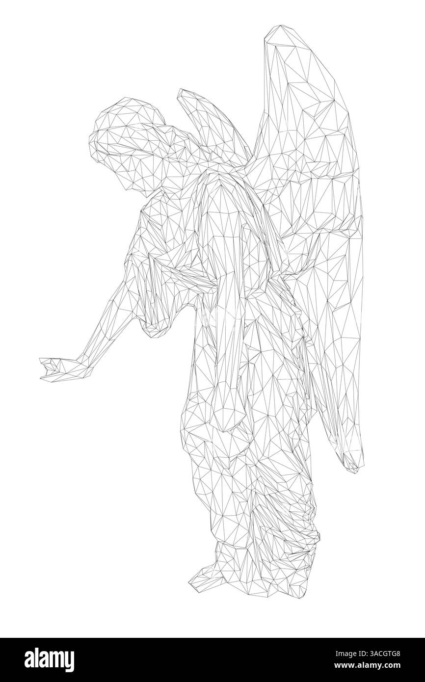 A black and white drawing of an angel with a wing. The angel is ...