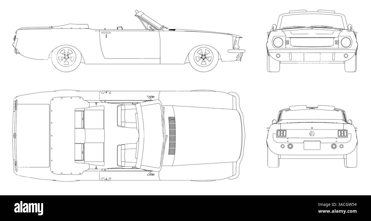 A car is shown in a series of drawings, with the front and back views ...