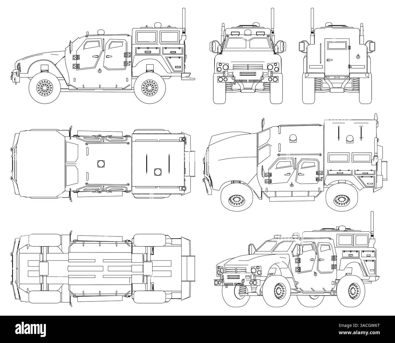 A drawing of a military vehicle set. The vehicle is shown from the side ...