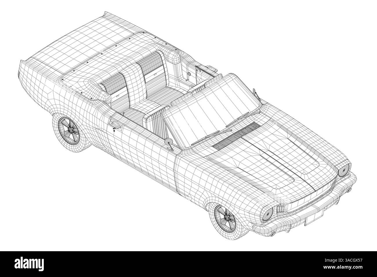 A car is shown in a black and white drawing. The car is a convertible ...