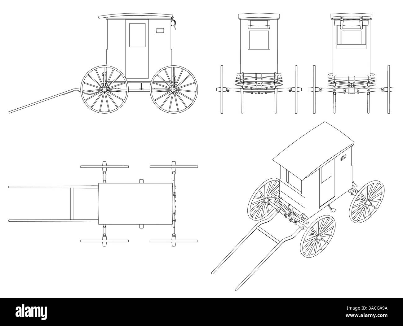 A drawing of a wagon with a door and a window. The wagon is shown in ...