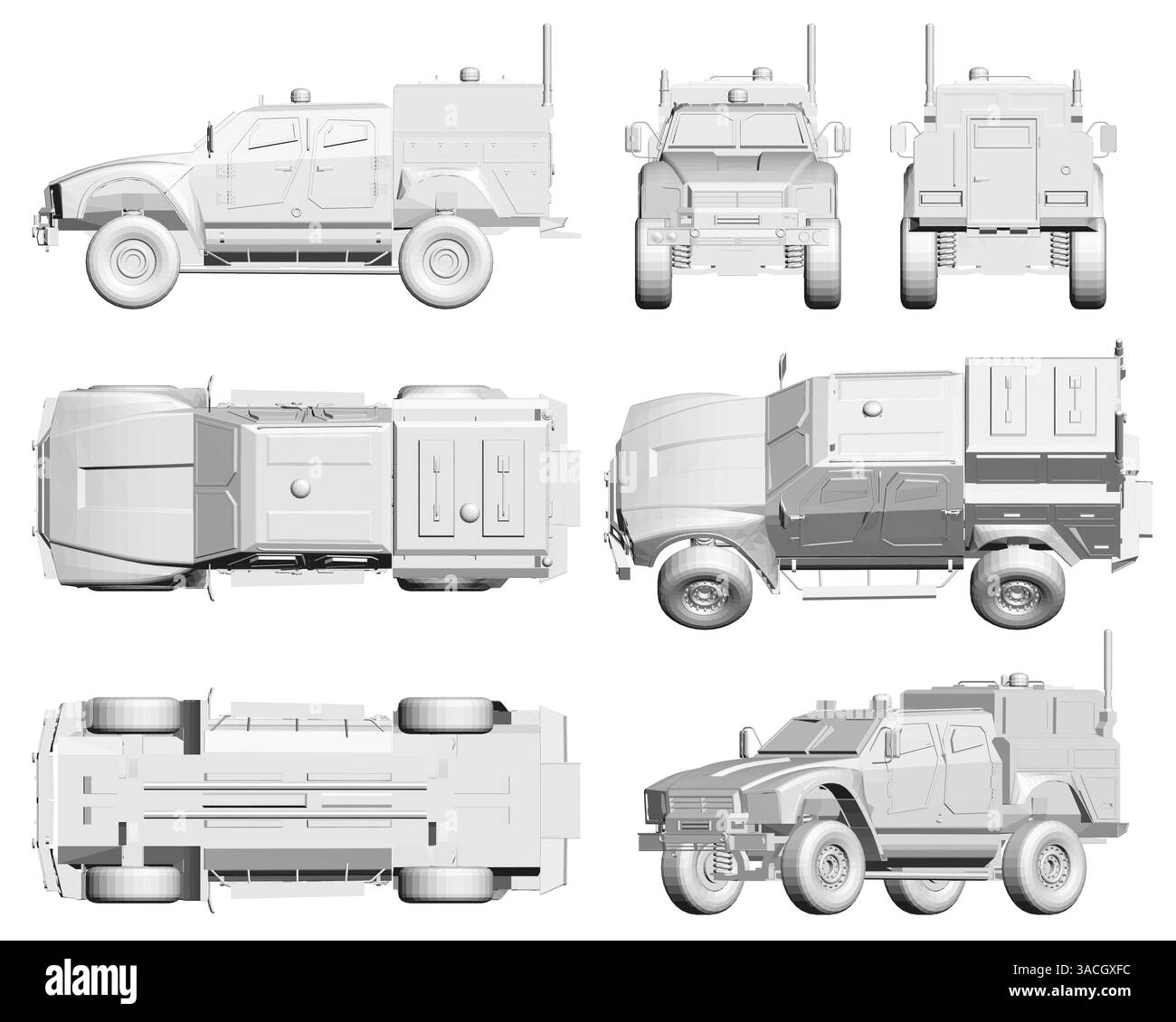 Set with military vehicle. The vehicle is shown from side, back, front ...