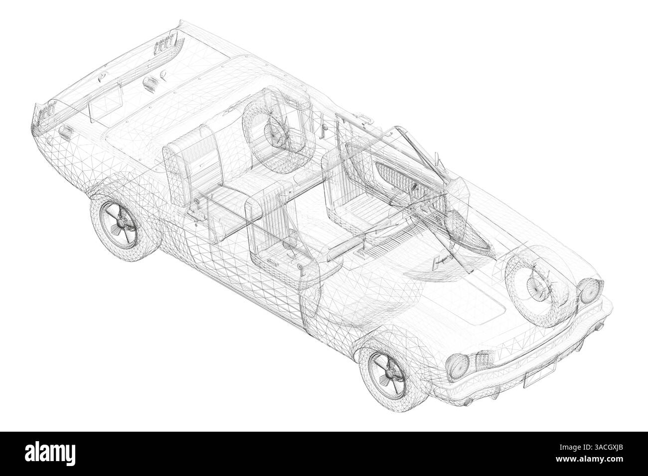 A car is shown in a black and white drawing. The car is a convertible ...