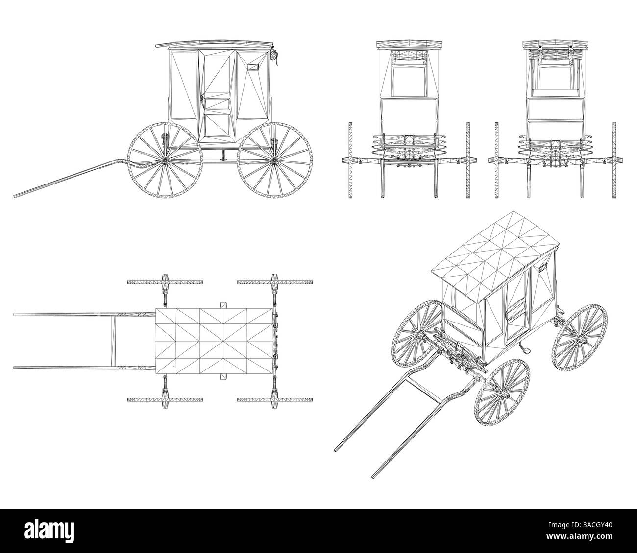 A drawing of a wagon with a horse pulling it. The wagon has a door and ...