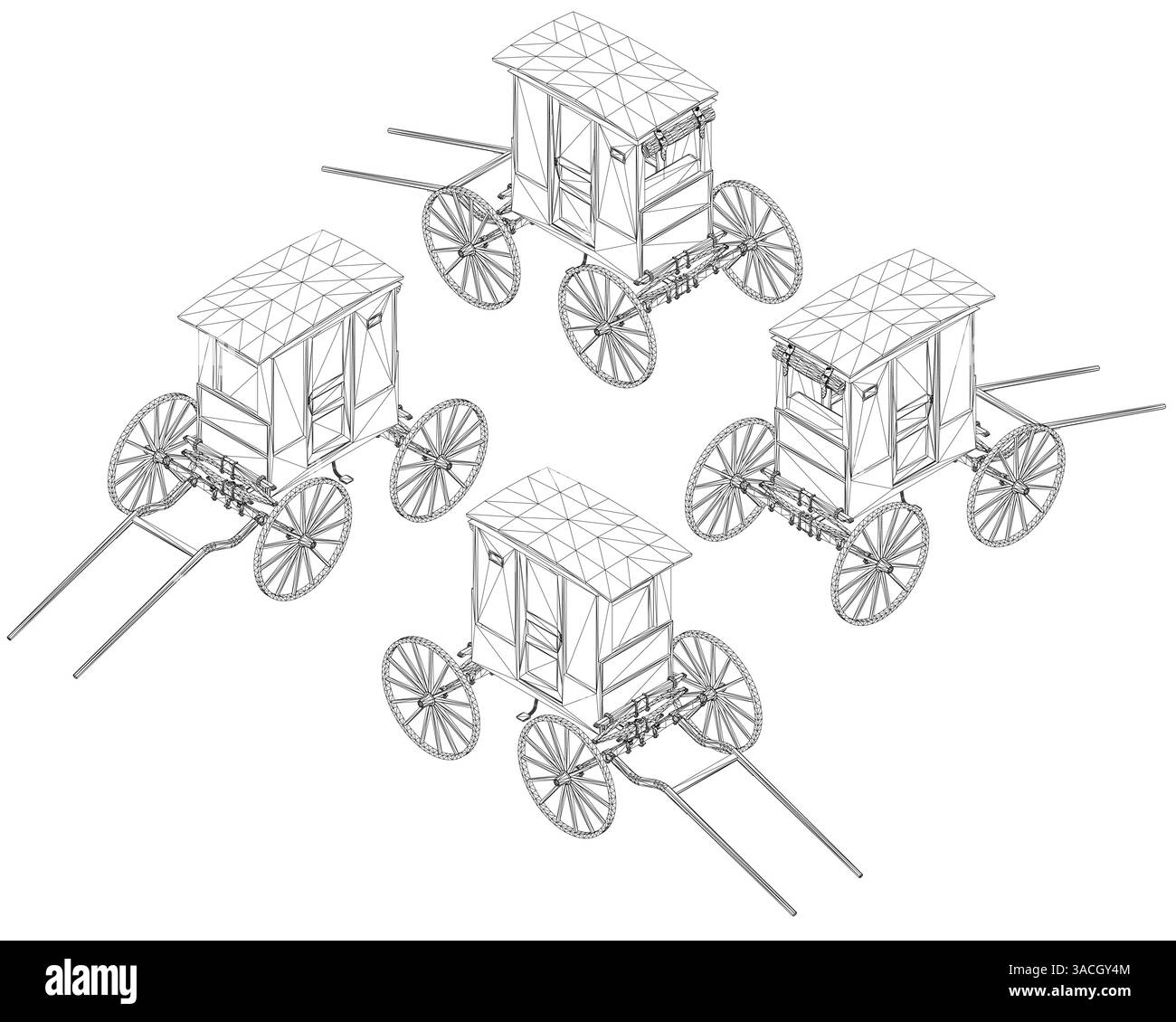 Four carriages drawn in black and white. The carriages are all the same ...