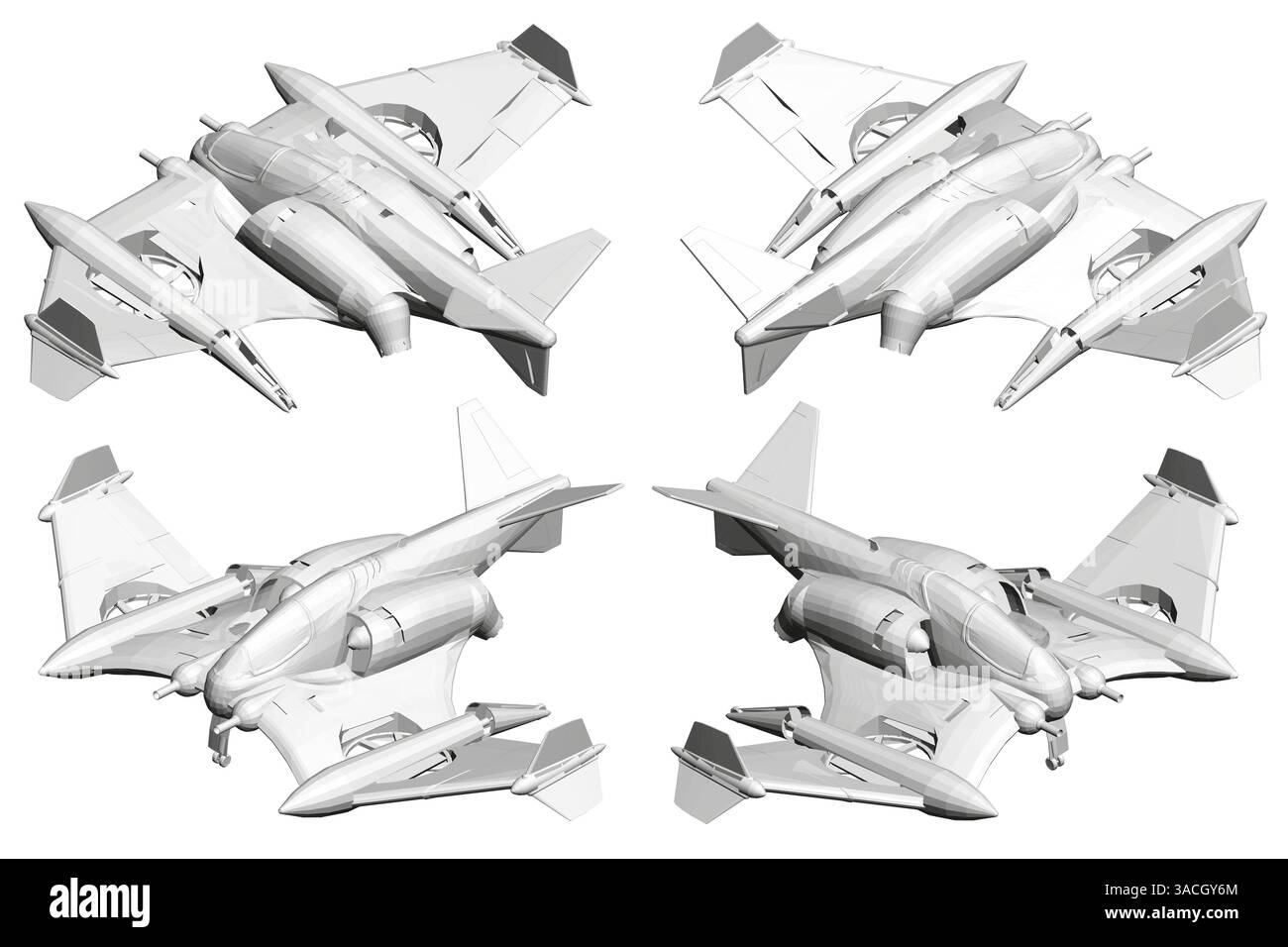 Four white airplanes are shown in a row, each with a same design. The ...