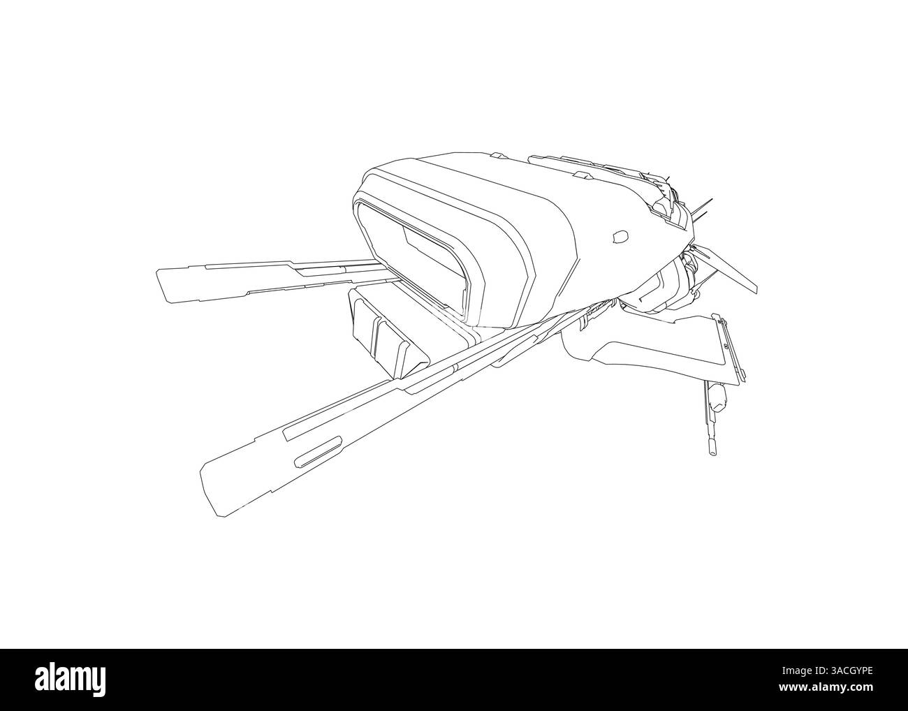 A black and white drawing of a spaceship with a white background. The ...