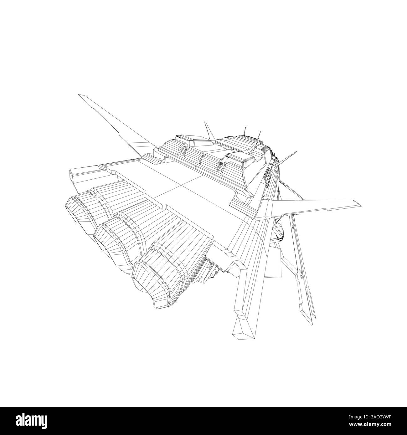 A black and white drawing of a spaceship with a white background. The ...